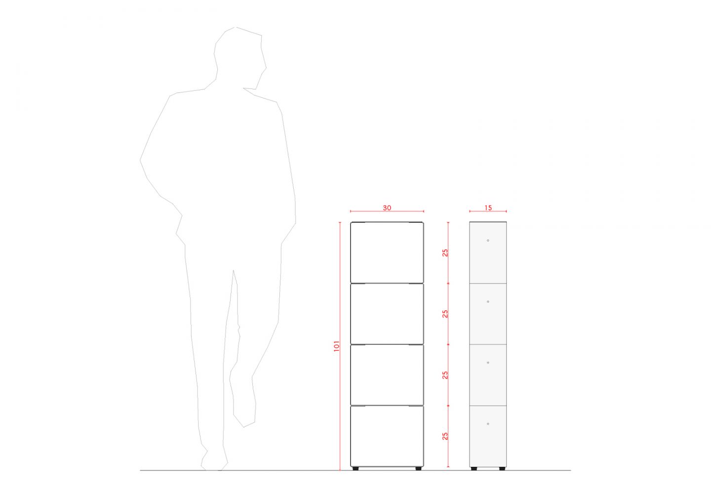 Narrow Bookcase W30 H100 D15 cm - 4 shelves